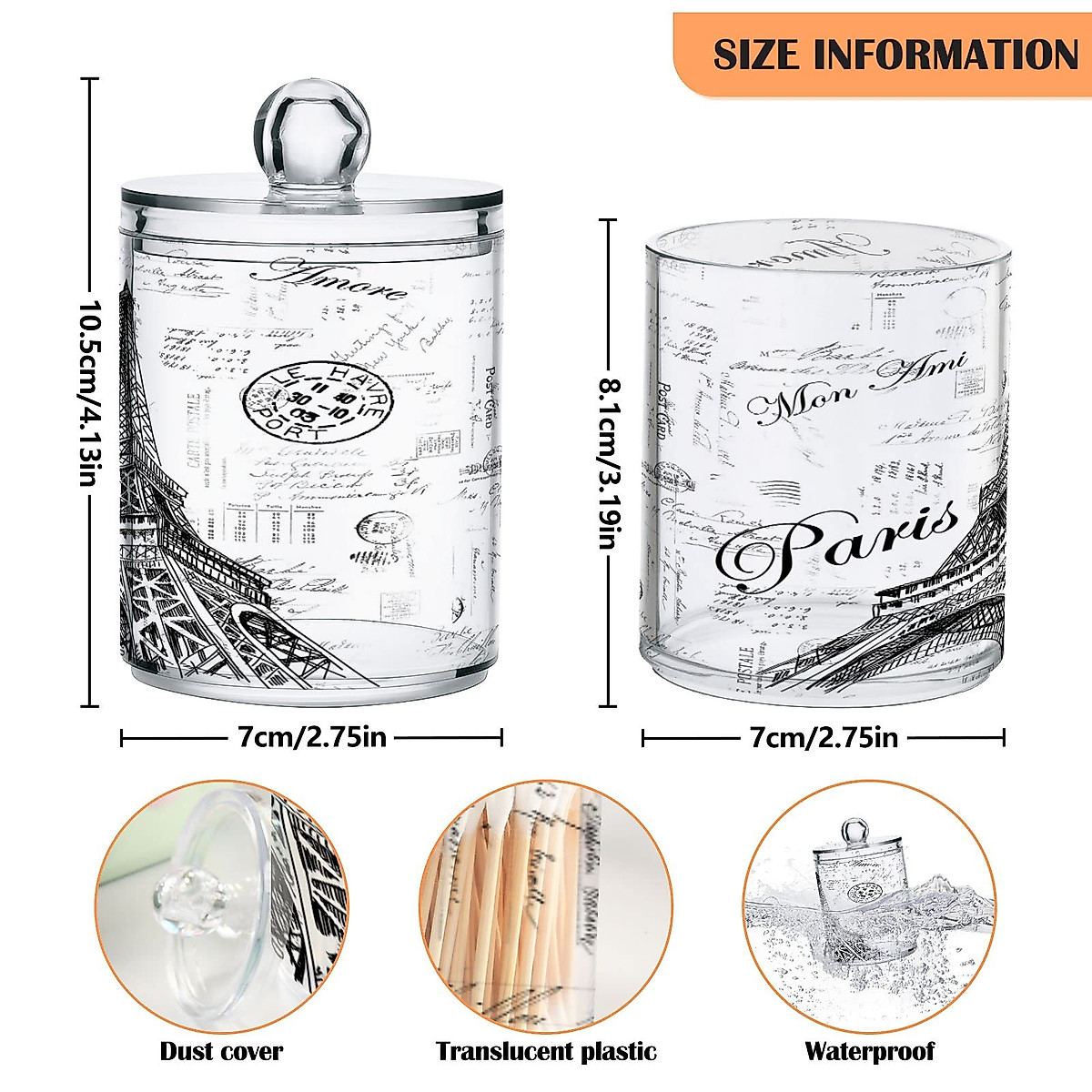 WELLDAY Apothecary Jars Bathroom Storage Organizer with Lid - 14 oz Qtip Holder Storage Canister, Paris Eiffel Tower Clear Plastic Jar for Cotton Swab, Cotton Ball, Floss Picks