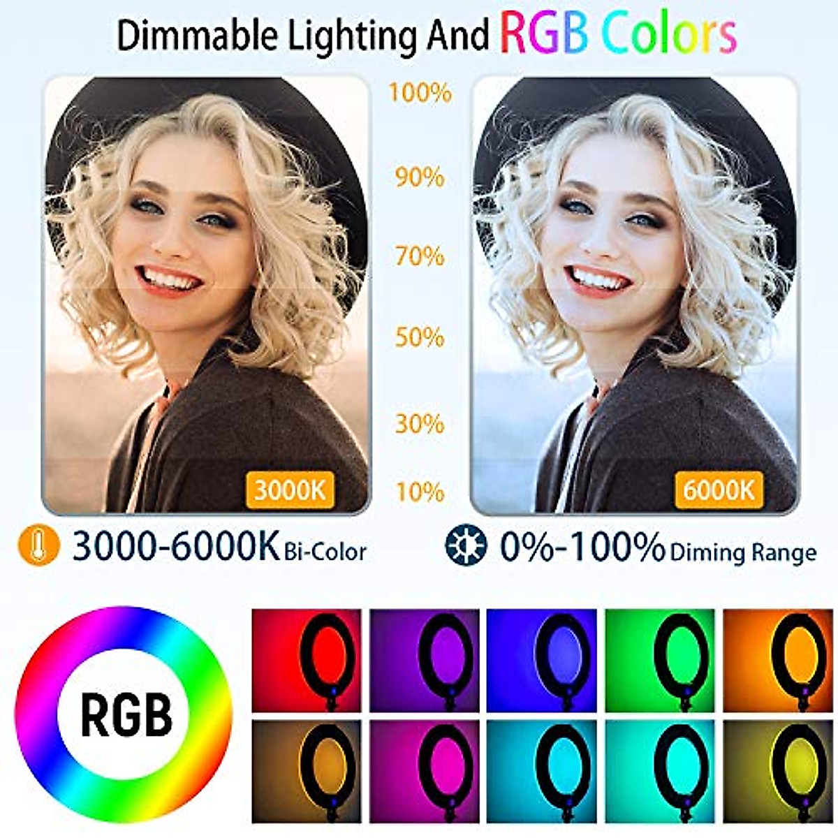 18 inch RGB Ring Light Kit AMAZKER LED with Stand and Phone iPad Holder 25 Color Modes 3000-6000K Dimmable 10 Brightness Level Up to 5000 Lux Circle Light for Live Stream/Makeup/YouTube/Vlog/Tiktok