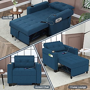 DURASPACE 39 Inch Sleeper Chair 3-in-1 Convertible Chair Bed Pull Out Sleeper Chair Beds Adjustable Single Armchair Sofa Bed with USB Ports, Side Pocket, Cup Holder (Navy Blue Linen)
