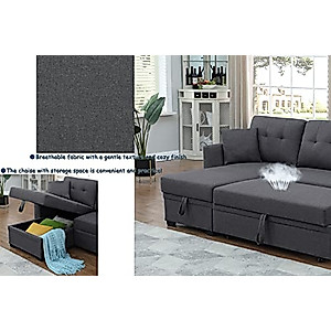 Payeel Sectional Sofa with Pull-Out Bed and Storage Chaise Lounge 81.5" Reversible Furniture Contemporary L-Shaped Fabric Sleeper Sofa for Living Room (Dark Gray)