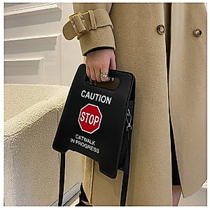 Novelty Shoulder Bag,Fashion Caution Tote Handbags Novelty Stop Sign Purse,Caution Shoulder Bag for Women Girls (Black)
