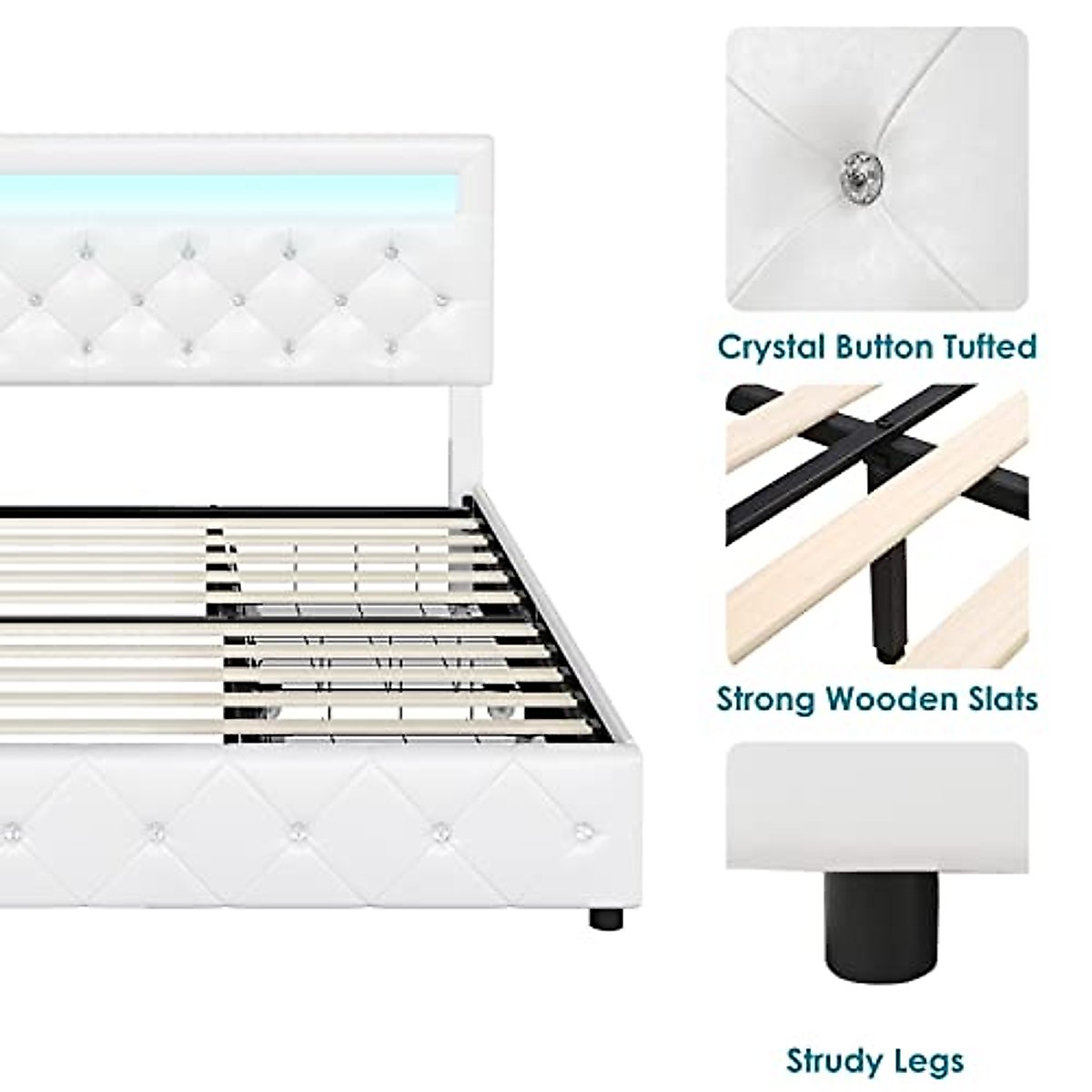 Keyluv Queen Upholstered LED Bed Frame with 4 Storage Drawers and Adjustable Crystal Button Tufted Headboard, Platform Bed with Solid Wooden Slats Support, No Box Spring Needed, White