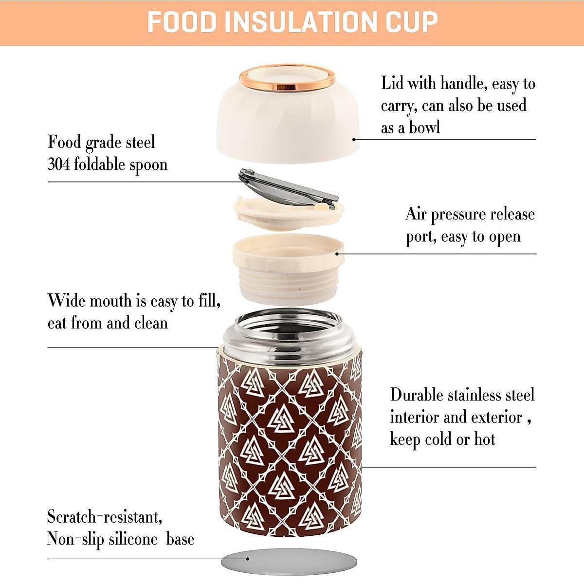 JUNZAN Crossed Triangles Vikings Norman Culture Kids Womens Insulated Food Jar with Spoon 17oz/500ml Insulated Lunch Containers Stainless Steel Vacuum Food Warmer Thermal Lunch for Keep Warm Food