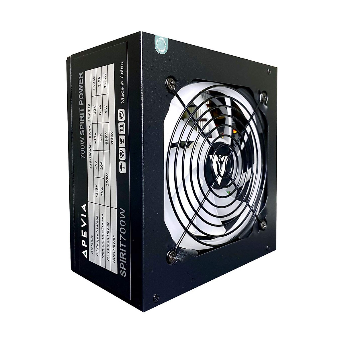 Apevia ATX-SR700W Spirit ATX Power Supply with Auto-Thermally Controlled 120mm White LED Fan, 115/230V Switch, All Protections