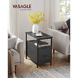 VASAGLE Side Table with Charging Station, Narrow End Table with 2 Drawers, Slim Nightstand and Bedside Table with Storage, for Small Spaces, Black ULET321B22