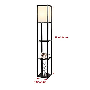 Battery Operated Floor Light with Remote Control,Wood Black Tall lamp with Shelves,Standing Light with Energy-Saving Light Bulb,Floor Light with Fabric lampshade,with Bulb+Remote+Charging Cable