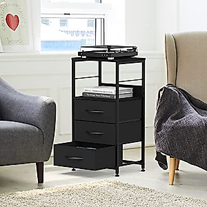 Black Nightstand with Drawer Set of 2, Tall End Table Bedroom Night Stand Side Table with 3 Fabric Drawers Modern Bedside Table with Storage Shelf for Office, Study