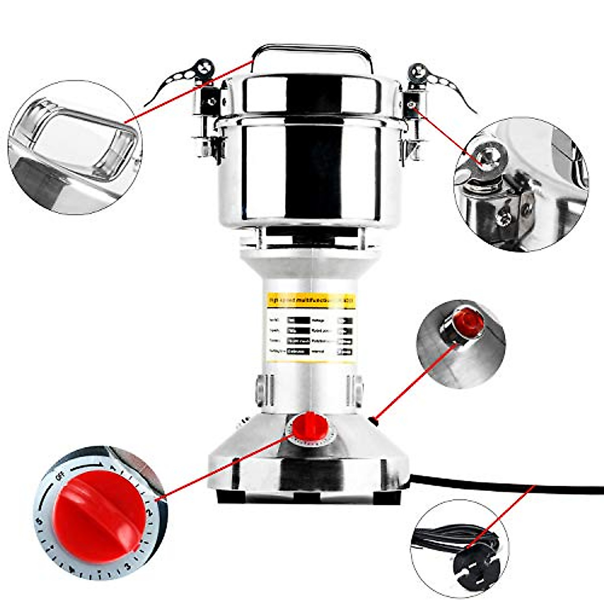 Homend High Speed 700g Electric Grain Mill Grinder Powder Machine Spice Herb Grinder 2500W 70-300 Mesh 36000RPM Stainless Steel Commercial Grade for Kitchen Herb Spice Pepper Coffee (700g)