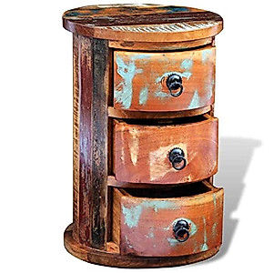 MAXCBD Nightstand Bedside Table Drawer Cabinet Reclaimed Cabinet with 3 Drawers Solid Wood Antique-Style Wooden Round Cabinet Storage Tower Dresser