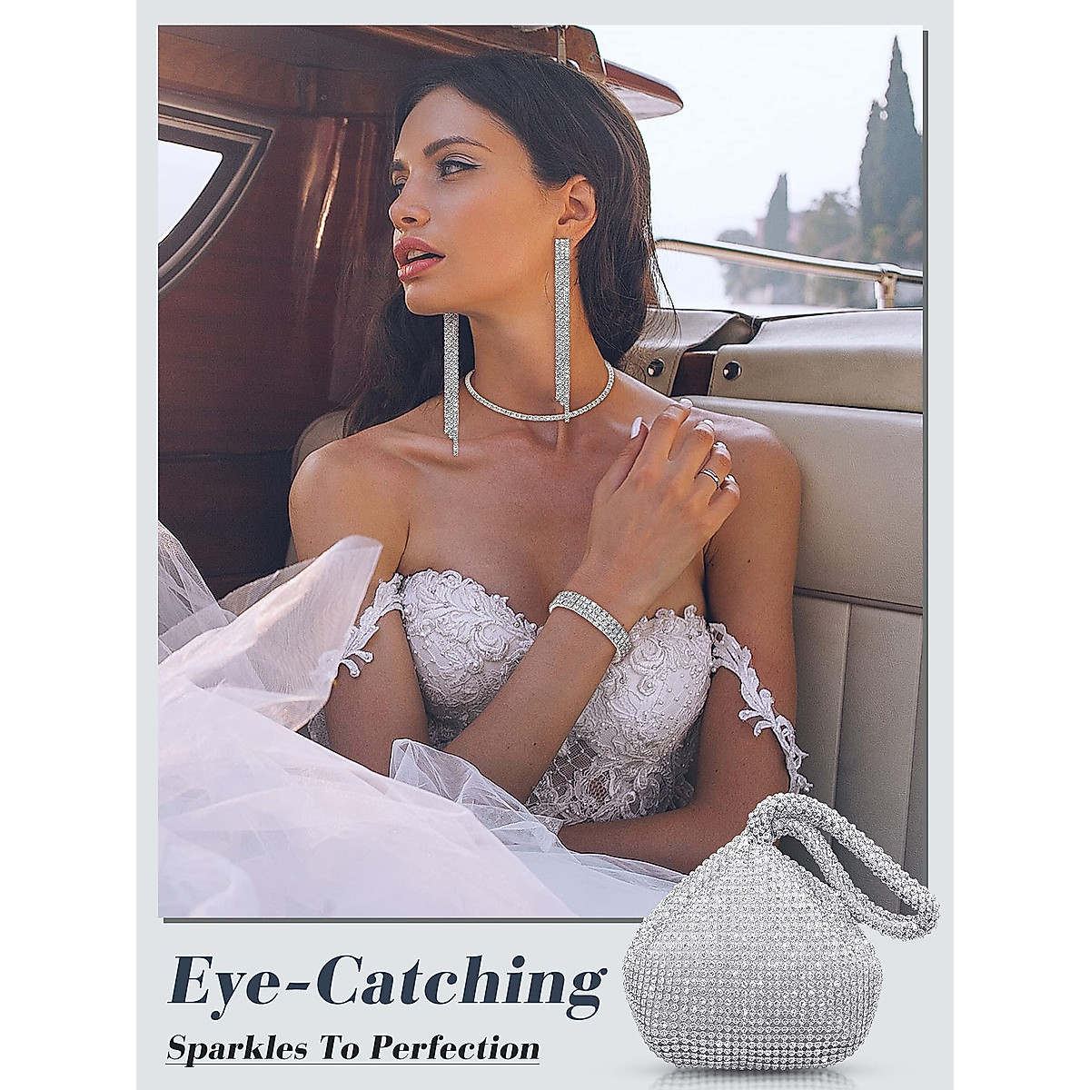 MTLEE Women Clutch Rhinestone Jewelry Set 4 Pieces Bridal Wedding Choker Bracelet Dangle Earrings Triangle Bling Glitter Purse for Party (Silver)