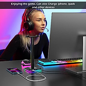 SIMOEFFI Upgraded RGB Gaming Headphones Stand, Headset Stand with 3.5mm AUX and 2 USB Charging Ports, Headphone Holder with 10 Light Modes and Memory Feature for Gamers PC Earphone Accessories Desk
