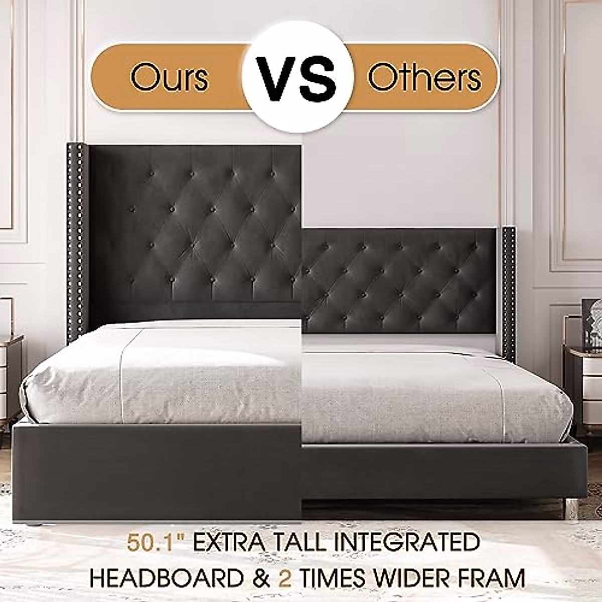 VanAcc Queen Bed Frame Lift Up Storage Bed with Headboard 50" Button Tufted Wingback/Hydraulic Lifting Storage Underneath/Wood Slats/Easy Assembly/Dark Grey