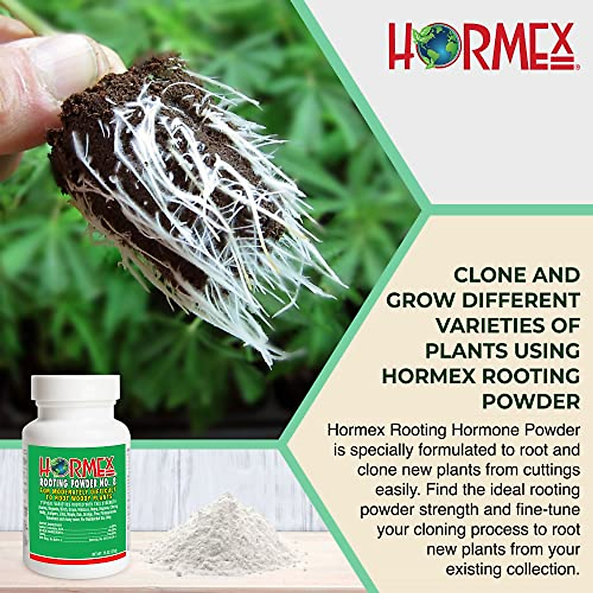 Hormex Rooting Powder #8 - Rooting Hormone for Moderately Difficult to Root Plants - Fast & Easy Way to Clone Plants from Cuttings - Stronger, Healthier Roots Using Cloning Powder - 0.8 IBA