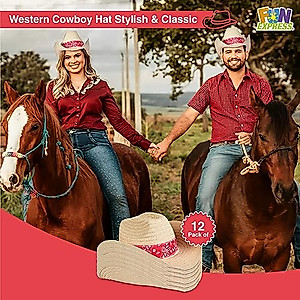 Fun Express Cowboy Hat for Men - Authentic Western Style Cowboy Hats for Men with Red Bandana Accent, Bulk Set of 12 Durable Woven Straw Cow boy hat Versatile Party Hats, Unisex Design