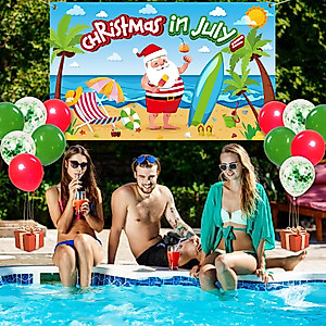 Christmas in July Party Decorations Large Photo Backdrop 38pcs latex balloons Mele Kalikimaka Christmas Summer Santa Banner for Outdoors Garden Party Supplies