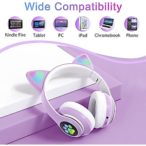 KERHAND Bluetooth Headphones for Kids, Cute Ear Cat Ear LED Light Up Foldable Headphones Stereo Over Ear with Microphone/TF Card Wireless Headphone for iPhone/iPad/Smartphone/Laptop/PC/TV (Purple)