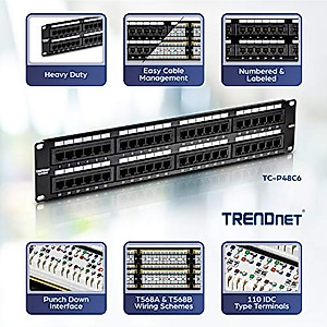 TRENDnet 48-Port Cat6 Unshielded Patch Panel, Wallmount or Rackmount, Compatible with Cat3,4,5,5e,6 Cabling, for Ethernet, Fast Ethernet, Gigabit Applications, Black, TC-P48C6