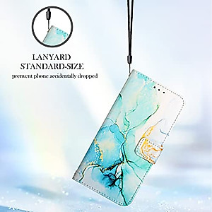 Phone Case Oppo A17 Green Marble Leather Wallet Flip Cases Cover with Credit Card Holder for Women with Long Crossbody Lanyard and Hand Strap