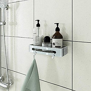 Mihom Shower Caddy Basket Rectangle Shelf With Hooks for Hanging Sponge, With two install ways for customers option of No Drilling holes Wall Mounted Bathroom Shelves, SUS304 Stainless Steel