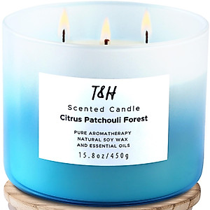 Large Citrus Patchouli Eucalyptus & Cedar Forest 3-Wick Candle - Highly Scented Natural Soy Candle for Home & Office 15.8 oz - Aromatherapy Stress Relief Candle, Refreshing Gift Candle for Women & Men