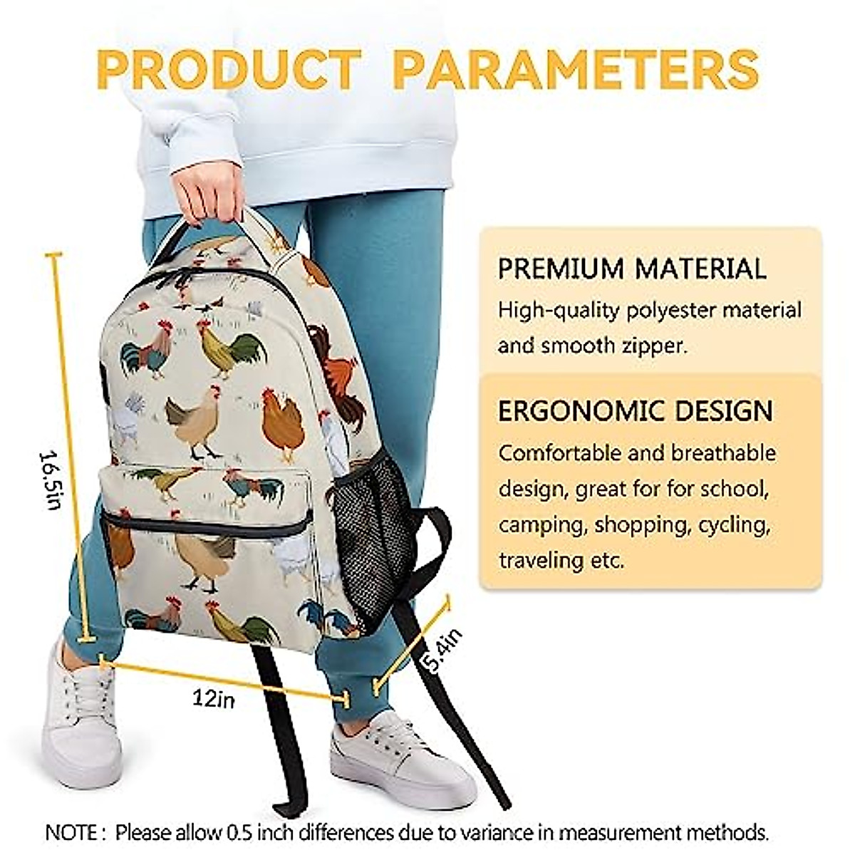 COOPASIA Chicken Backpack, 16 Inch Animal Theme Bookbag with Adjustable Straps, Durable, Lightweight, Large Capacity, School Backpack for Kids Girls Boys