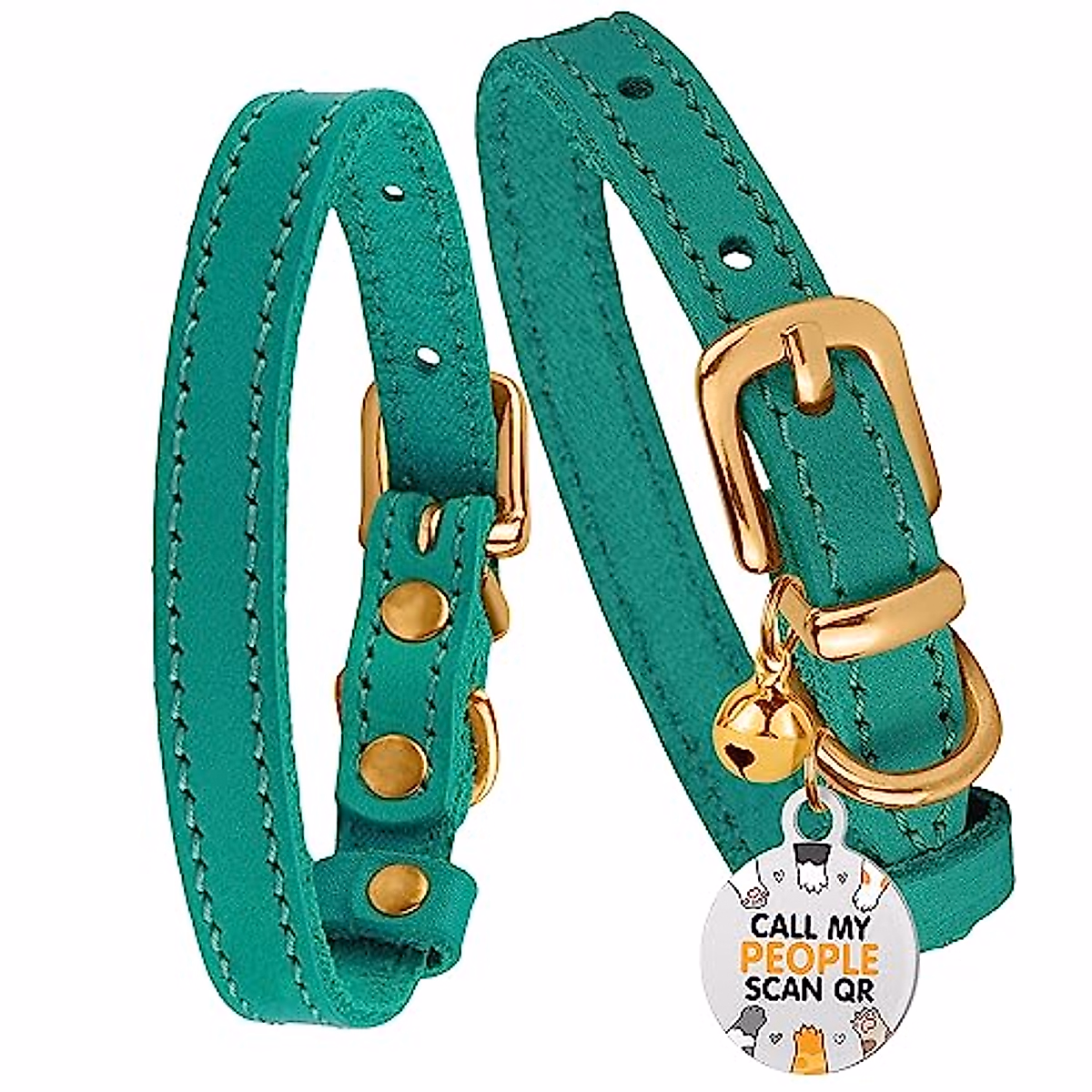BRONZEDOG Leather Cat Collar with Bell Non Breakaway Kitten QR Tag for Girl Boy (7" - 9" for Cats, Green & Gold)