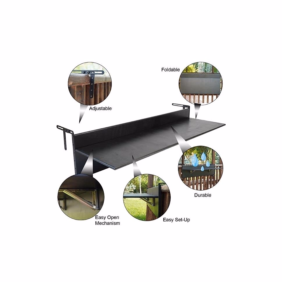 Balcony Bar Table for Railings, Outdoor Folding Deck Rail Table for Patio, Balcony Hanging Desk for Many Railings Compatible, Wooden Bar Serving Table for Porch (Grey, XL: 47.3 x 11.8 inches)