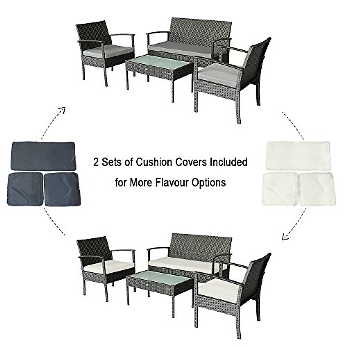 StellaHome Rattan Patio Outdoor Furniture Sets 4 Pieces Wicker Chairs Loveseats with Extra Cushion Covers for Replacement (Black Wicker/Grey&Beige Cushions)