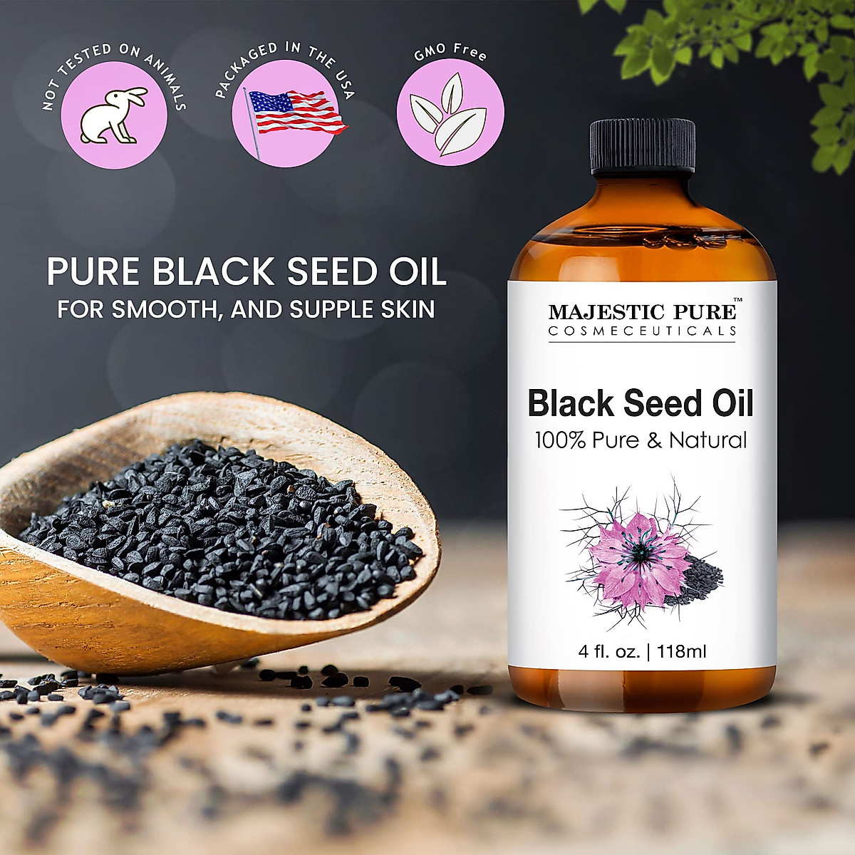 MAJESTIC PURE Black Seed Essential Oil | 100% Pure and Natural Black Seed Oil | Premium Grade Essential Oils for Hair Care, Home Diffusers, Skin, Aromatherapy, Massage and Humidifiers | 4 Fl Oz