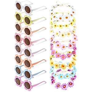 Kanayu 16 Pcs Adults Flower Sunglasses Daisy Flower Headbands Set, Round Flower Glasses Sunflower Hair Wreath Flower Crown (Classic Colors)
