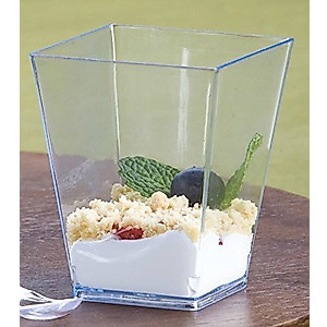 Zappy 50 5 oz Tall Square Clear Dessert Cups and 50 Tasting Spoons Dessert Glasses Shot Glasses Trifle Bowl Clear Disposable Plastic Dessert Tumbler Cups Party Cups