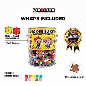Pix Brix Pixel Art Puzzle Bricks Bucket – 1,500 Piece Pixel Art Kit with 10 Colors, Medium Palette – Patented Interlocking Building Bricks, Create 2D and 3D Builds – Stem Toys, for Age 6 Plus
