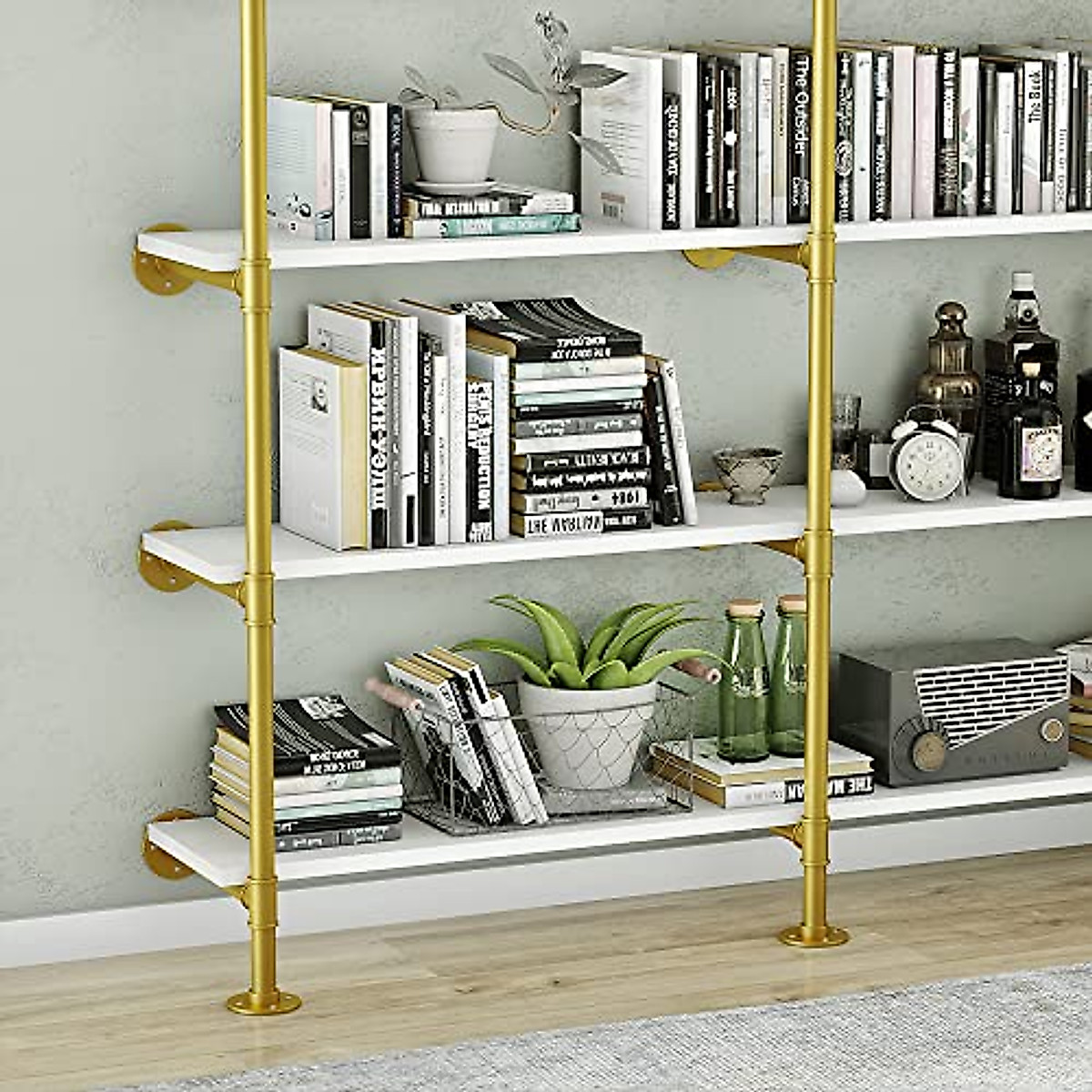 MAIKAILUN 6-Tier 60 inch Industrial Pipe Shelving, Gold Bookshelf, White and Gold Shelves, Modern Bookcase Metal Mid Century Open Wall Mount Decor Retail Shelving for Living Room(59.1x9.8x84.6)