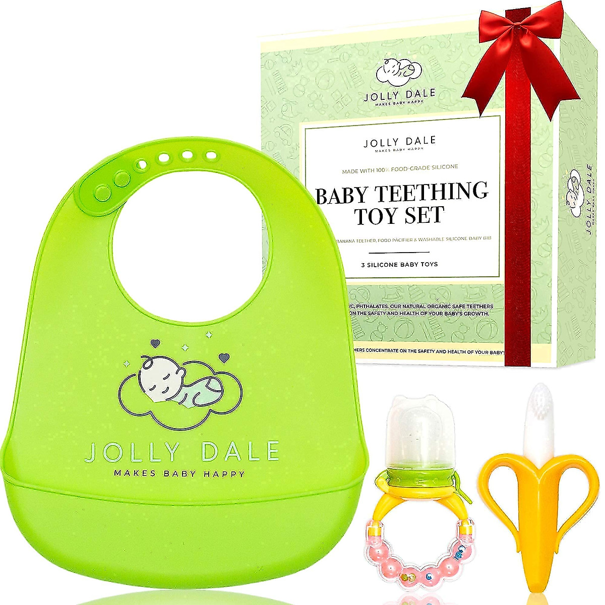 Jolly Dale Baby Teething & Feeding Set with Silicone Baby Bucket Bib, Baby Banana Teether & Baby Mesh Food Feeder Pacifier - Soft, Food-Grade Silicone - Perfect Teether Kit for Babies & Toddlers