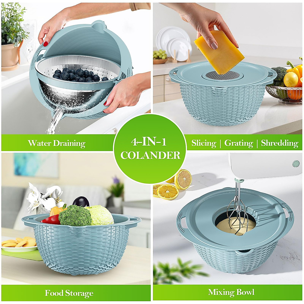 4-1 Colander with Bowl Set - Strainers for Kitchen, Food Strainers and Colanders, Pasta Strainer, Rice Strainer, Fruit Cleaner, Veggie Wash, Aesthetic Cooking Present Kitchen Essentials - Blue