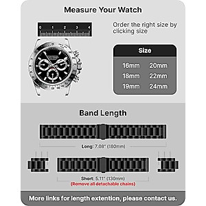 Fullmosa 16mm Stainless Steel Watch band, Quick Release Link Watch Strap Bracelet Replacement Wristband for Men Women, Black