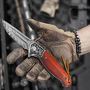 KOMWERO Damascus Pocket Knife, VG10 Damascus Steel Folding Knife with Wood Handle, Leather Sheath, Liner Lock, EDC Knife for Outdoor Survival Hunting Collection