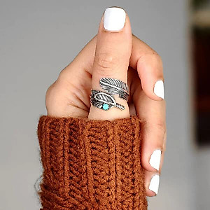 Boho Feather Turquoise Adjustable Ring,Silver Wide Nature Leaf Ring,Thumb Ring for Women Men