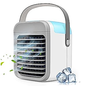 2021 Latest Personal Air Cooler, 4 in 1 Air Space Conditioner,Portable Air Conditioner with Handle, 3 Speed, 7 LED Lights, Mini Cooling Desktop Fan for Home, Office and Room (White)