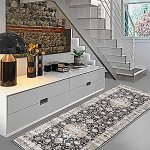 GlowSol Washable Rugs 2x6 Runner Rug Vintage Oriental Area Rugs for Bedroom Aesthetic Entryway Rug Black Rug Throw Rugs with Rubber Backing Distressed Carpet Kitchen Rugs Black 2'x6'