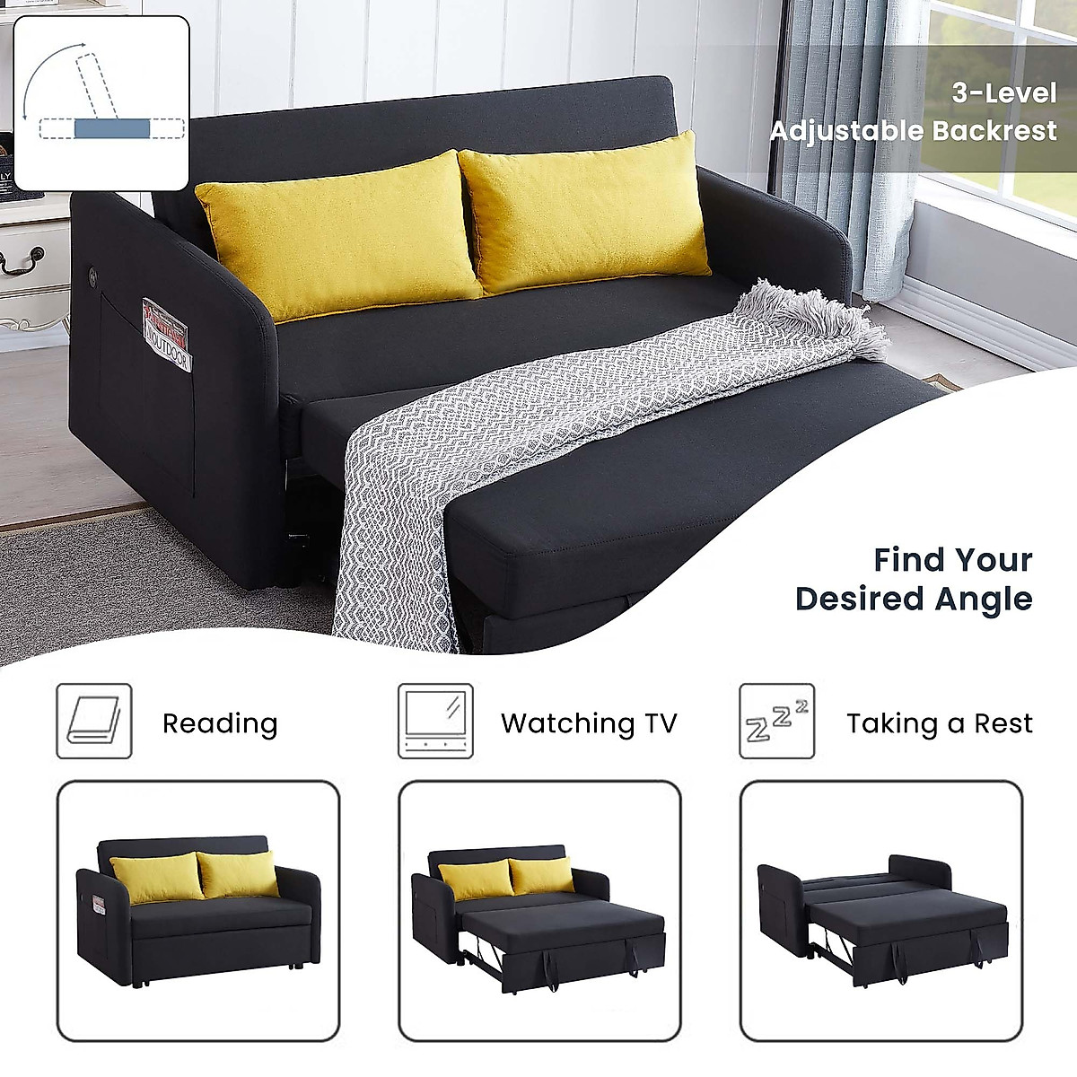 SumKea 55.5'' Pull Out Couch, 3-in-1 Sleeper Loveseat Convertible Bed with USB, Adjustable Backrest, Pillows, Side Pocket, Fabric Sofa Bed for Living Room, Office, Black