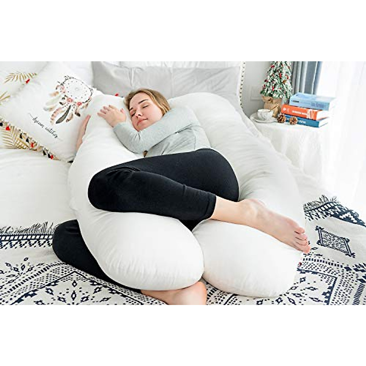 Meiz Premium U Shape Comfortable Pregnancy Pillow Maternity Pillow for Side Sleeping for Growing Tummy Support,Plus 100% Cotton Zipper Removable Cover(White)
