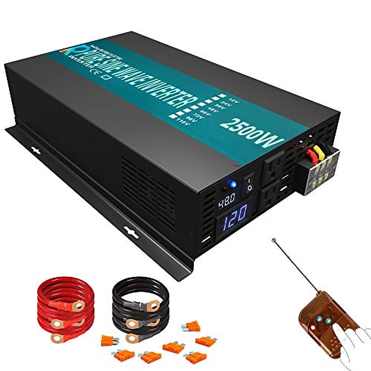 WZRELB Reliable 2500W Pure Sine Wave Solar Power Inverter 48V 110V 120V 60Hz Power Converter LED Display DC to AC Power Generator with Remote Controller Hardwire Terminal