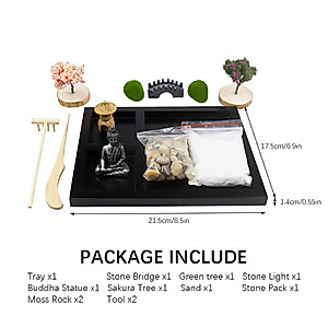 KVMORZE Zen Garden Kit, Japanese Zen Garden with White Sand, 2 Tools, 8 Zen Accessories, Tabletop Meditation Zen Garden for Home, Office, Yoga Decor, Gifts for Relaxation and Meditation, 8.5x6.9in