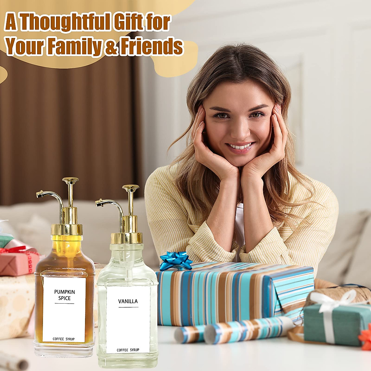 2 Pack 16.9OZ Square Coffee Syrup Dispenser for Coffee Bar with Labels and Gold Pump, 500ML Syrup Bottles for Coffee Bar Home Bar, BPA Free & Durable Transparent Glass Coffee Syrup Dispenser Bottles