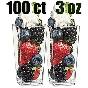 zappy 100 3oz Tall Square Mini Dessert Cups Plastic Dessert Cups Tasting Plastic Shot Glass Shooter Cups Parfait Glasses Appetizer Bowls Trifle Bowl Tumbler Shooter (3oz Dessert Cups 100Ct)