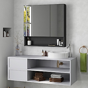 ALIMORDEN Medicine Cabinet with Mirror and Shelves, Bathroom Wall Cabinet with Jewelry Organizer, Vanity, Recessed or Surface Mount, 30.4" L x 29.5" H, Black