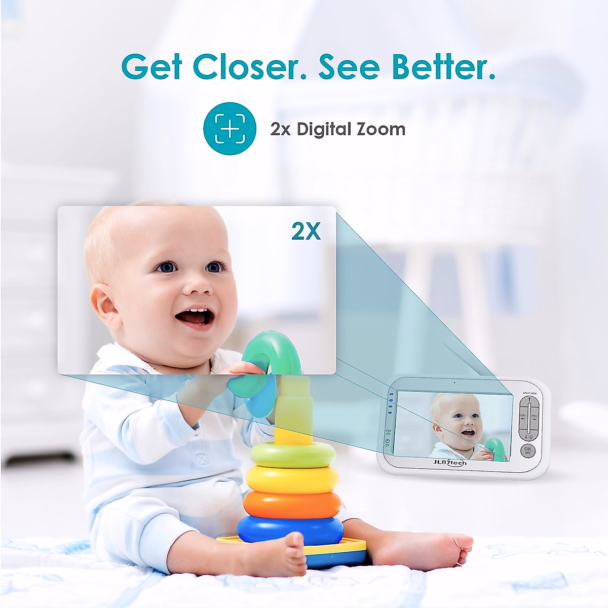 JLB7tech 5" Large Split Screen Video Baby Monitor with 2 Camera - Large Screen,Portable,Long Range,No WiFi,Auto Night Vision,Timer Setting,Lullabies,Power Saving Voice Activation,3000mAh Battery