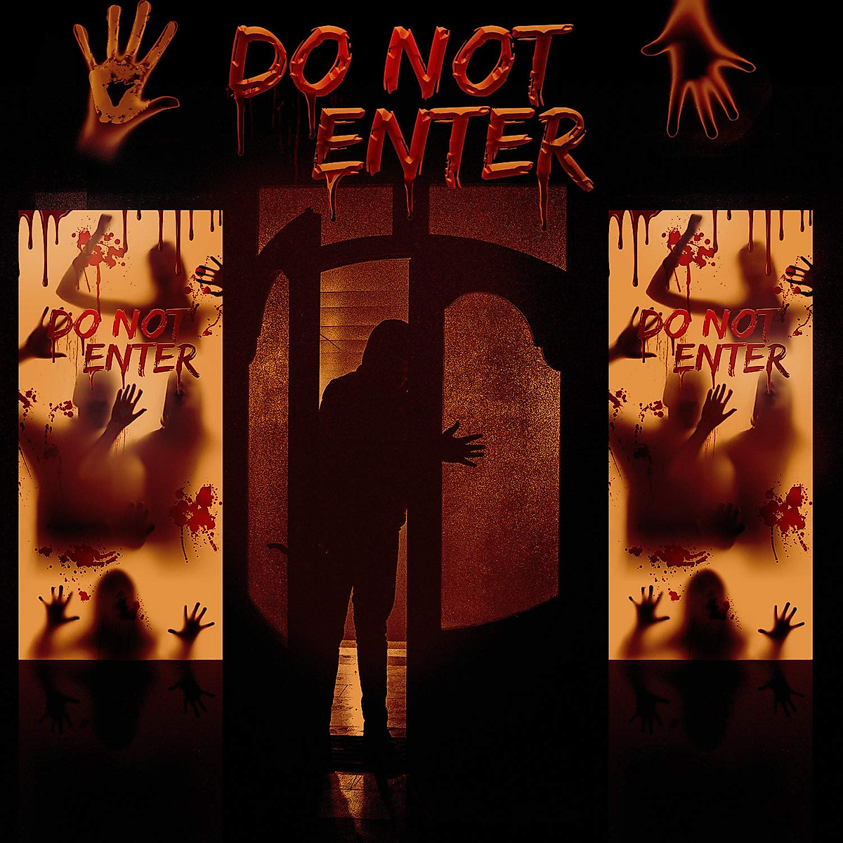 Large Halloween Window Door Cover Fabric Scary Handprint and Shadowy Figure Halloween Props Poster Banner for Halloween Spook House Decorations Halloween Supplies (Do Not Enter)