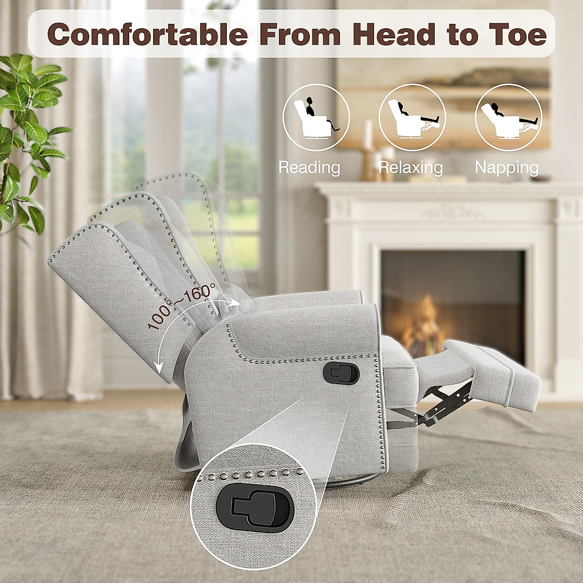 FansaFurn Recliner Comfy Upholstered Glider Lumbar Pillow and Footrest, Swivel Rocking Chair for Living Room, Grey